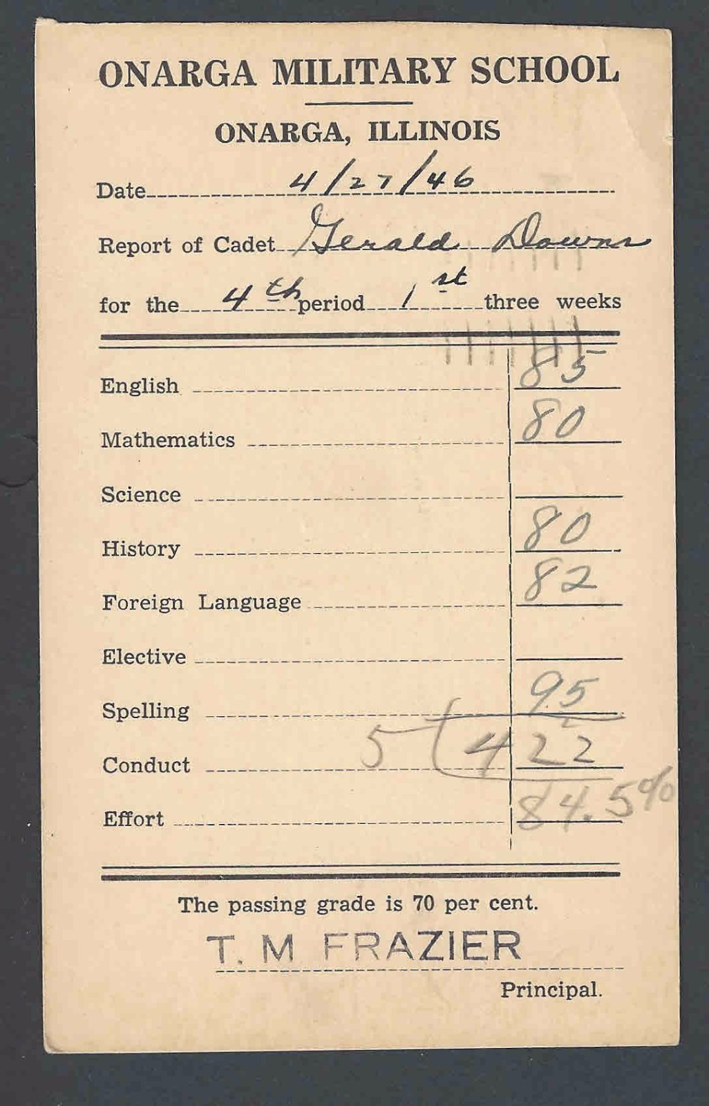 1946 PC MILITARY SCHOOL ONARGA IL STUDENT REPORT CARD 70% PASSING GRADE ...