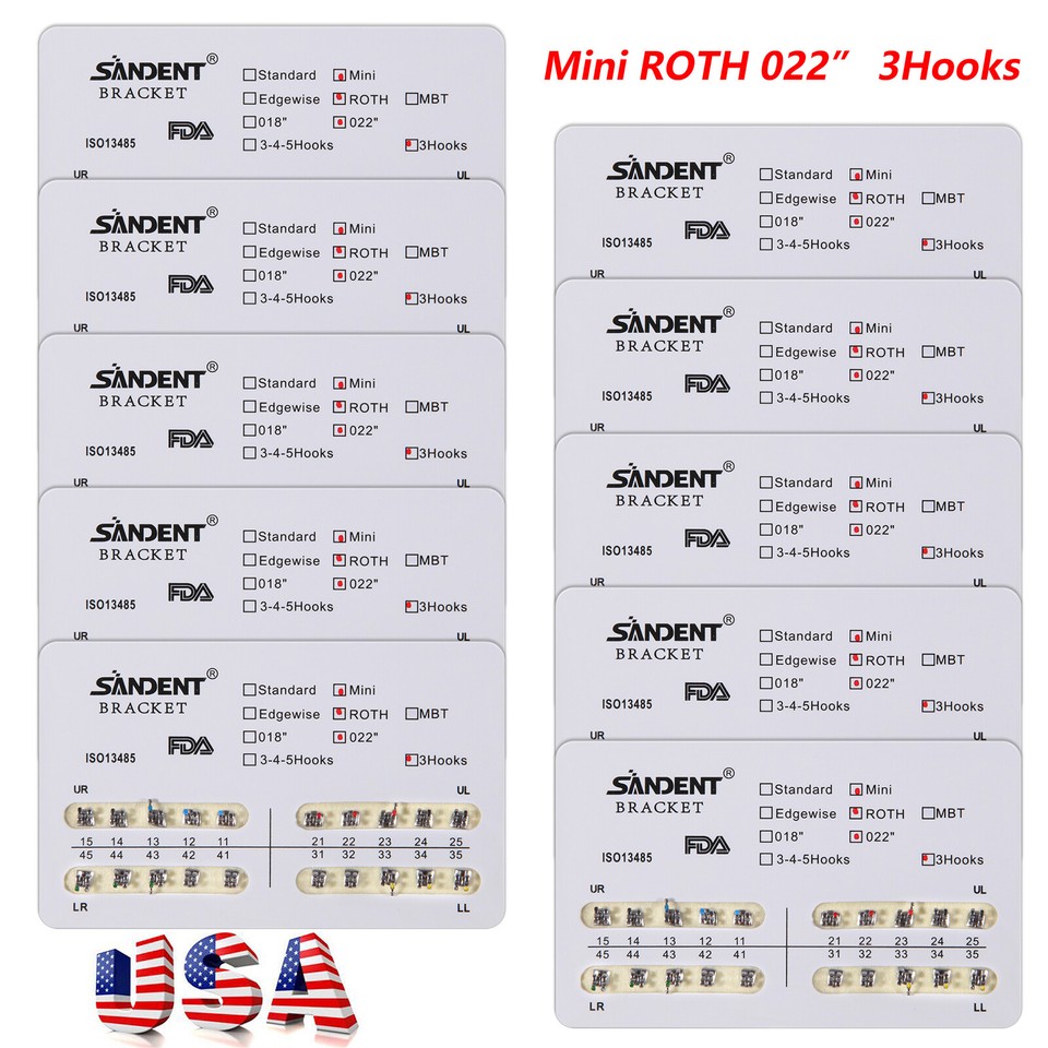 10Packs Dental Ortho Brackets Braces Mini Roth Slot.022 3-Hooks Metal ...