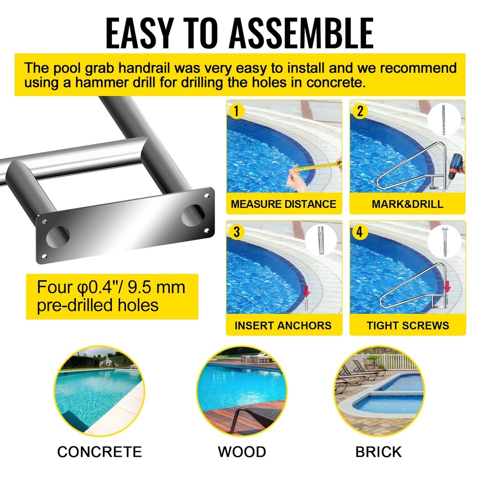 Pool Handrail Swimming 55'' x 32'' Pool Stair Rail Stainless Steel Pool ...