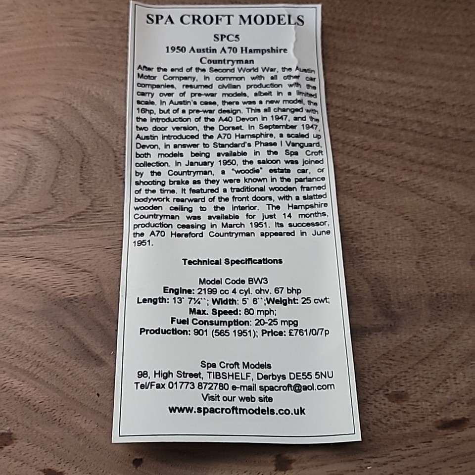 Spa Croft Models 1/43 Scale SPC7 1950 Austin A70 Countryman Woodie ...