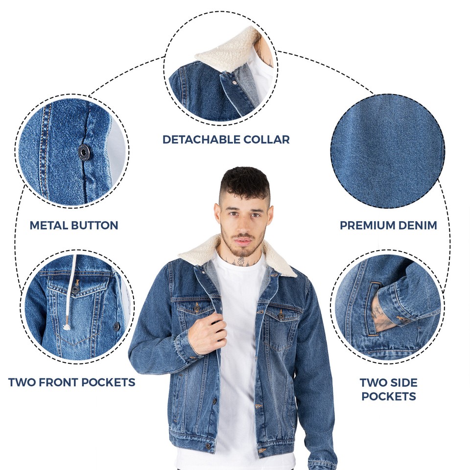 Mens Denim Jacket with Detachable Sherpa Collar Trucker Fur Classic ...