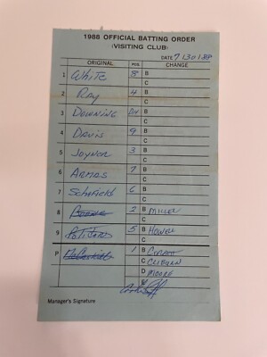 7/30/88 Cookie Rojas California Angels Signed Game Used Lineup Umpire ...