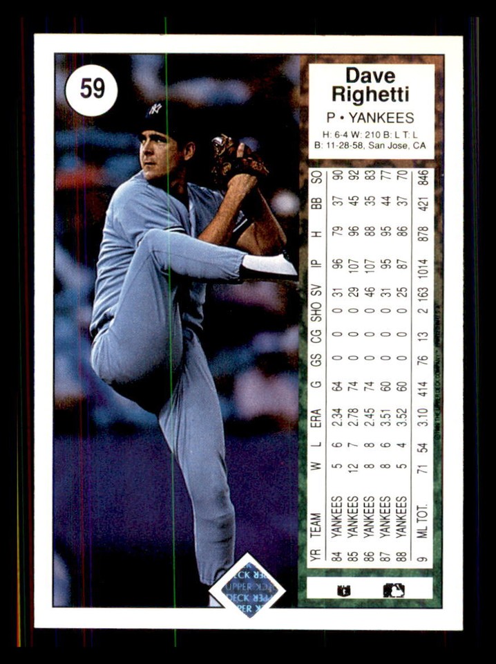 1989 BASEBALL 1989 Upper Deck Dave Righetti New York Yankees #59 1 | eBay