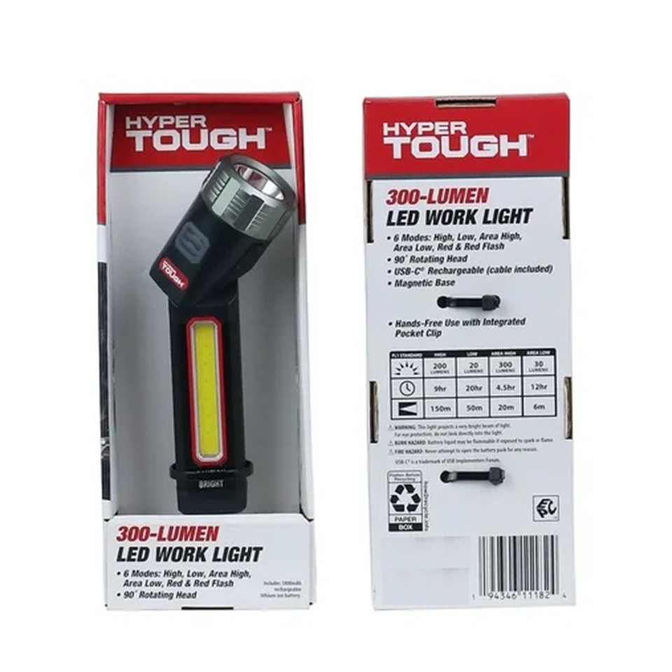 Hyper Tough 300-LUMEN RECHARGEABLE LED WORK LIGHT Rotating Flashlight ...