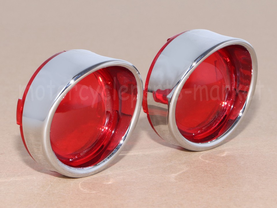 Red Turn Signal Lens Lenses Chrome Trim Ring Visor x2 Bulbs For Harley ...