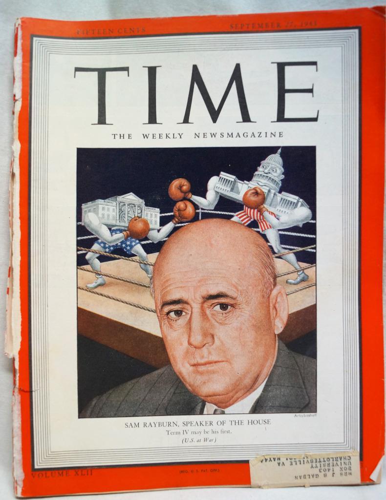 TIME MAGAZINE 27 SEPTEMBER 1943 WWII VINTAGE WORLD NEWS - SAM RAYBURN ...