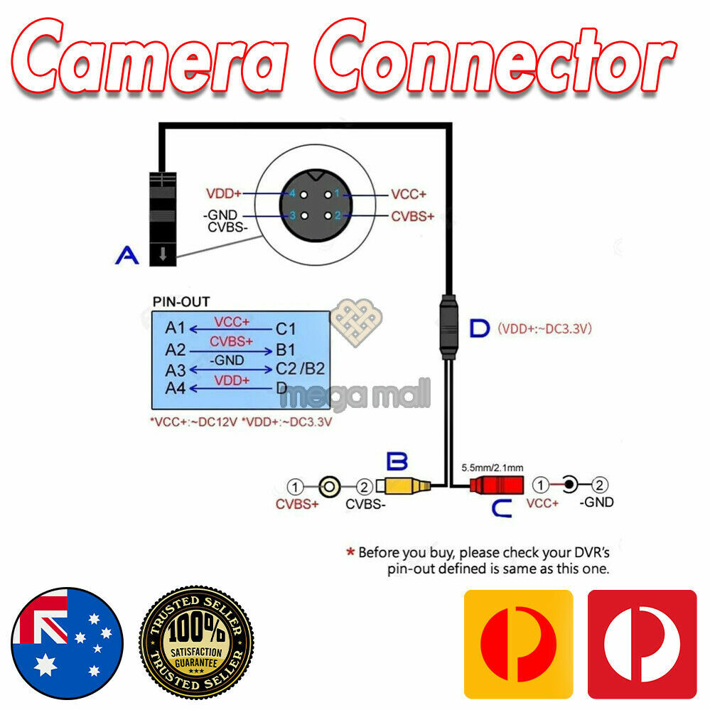 Car Reverse Backup Camera 4-Pin Female To Male Connector RCA CVBS Wire ...