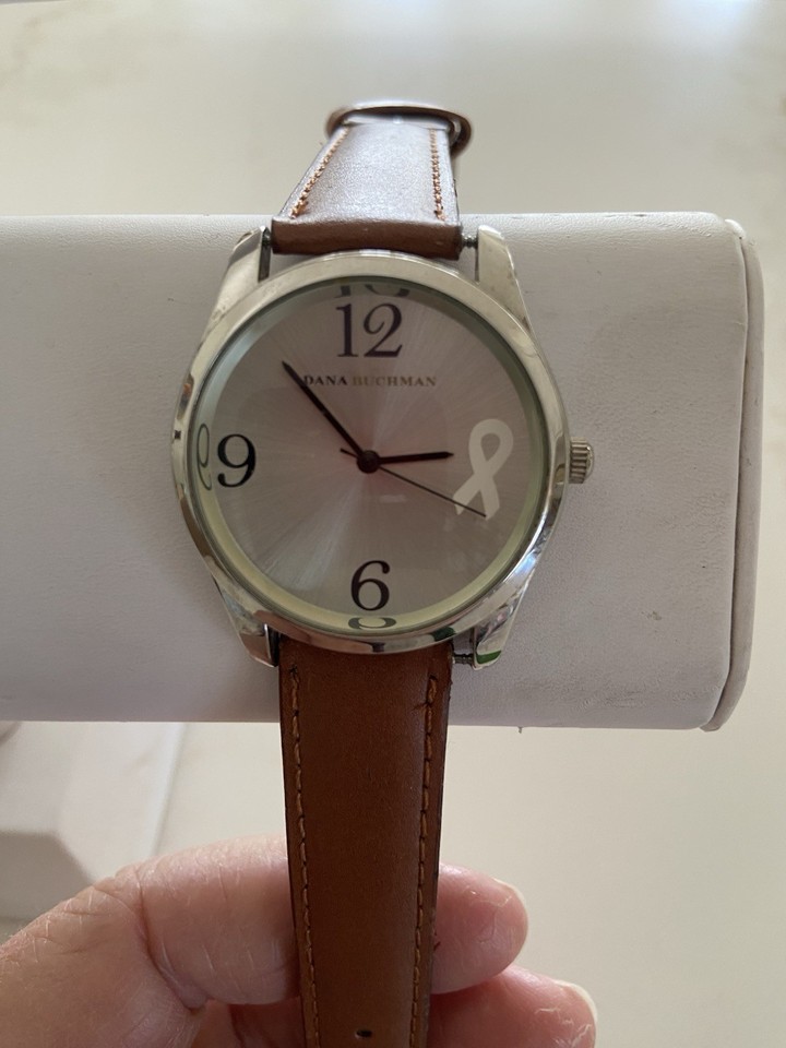 Dana Buchman Watch Brown Band Round Silver Tone Breast Cancer Awareness ...
