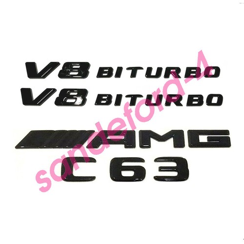 C63 + AMG + V8 BITURBO GLOSSY BLACK Emblem Badge for Mercedes Benz C63 ...