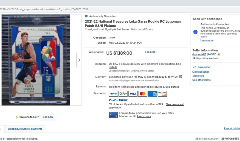 2018 NATIONAL TREASURES ROOKIE LOGOMAN PATCH LUKA DONCIC BGS 9 POP 1 ...