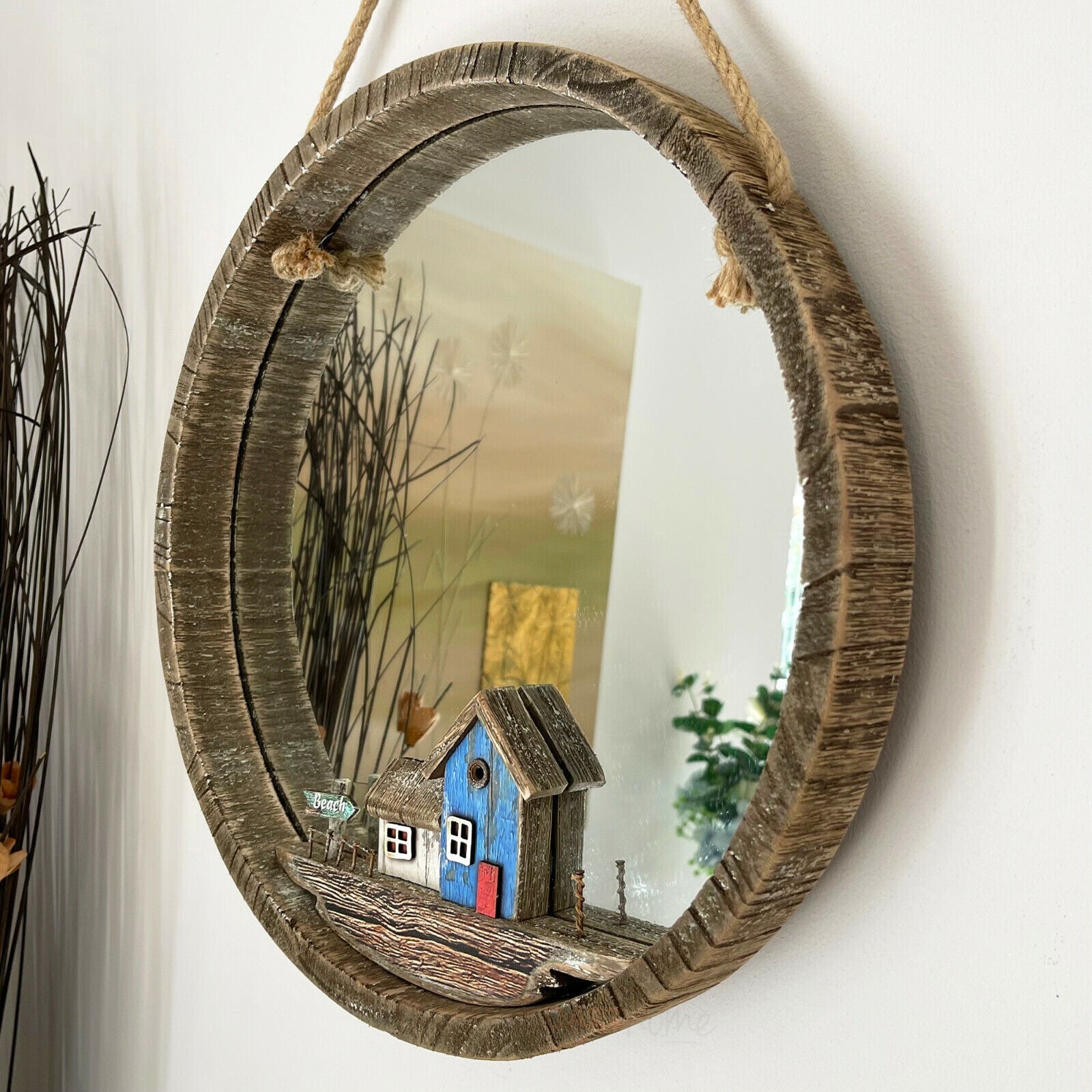 Rustic Beach Hut Mirror Wood Hanging Nautical Coastal Scene Seaside ...