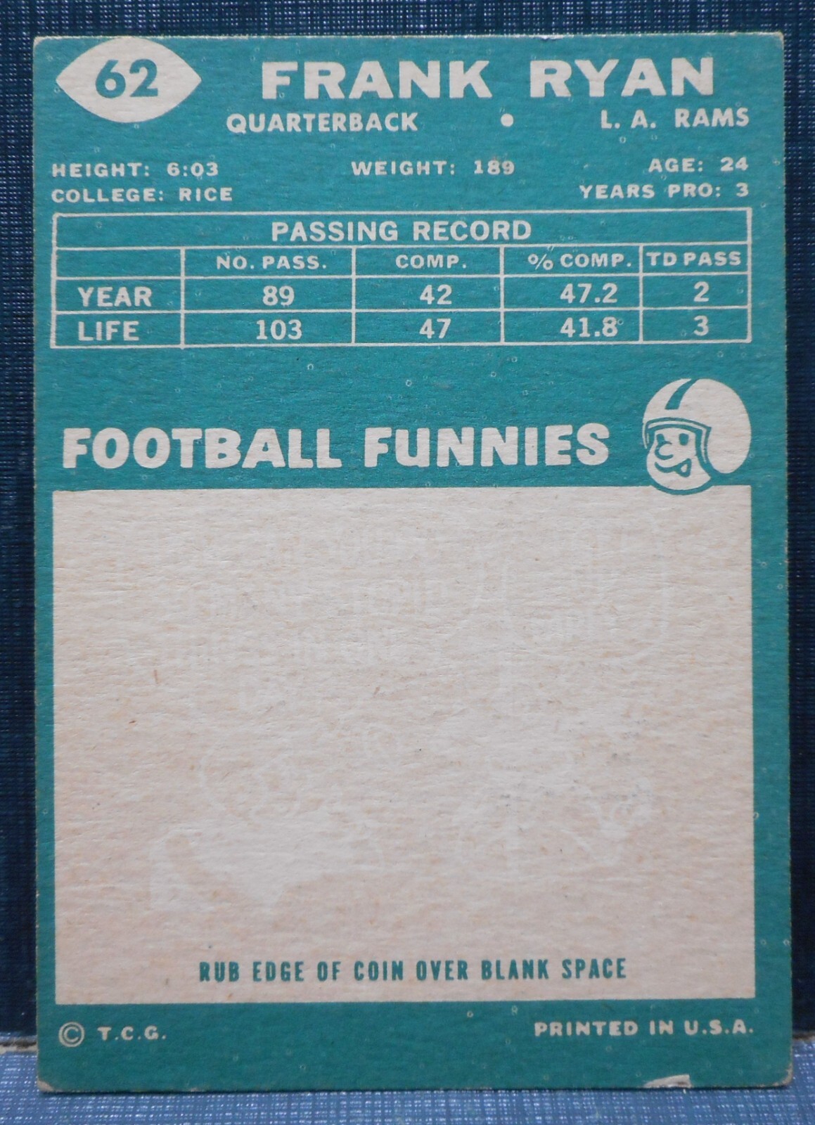 1960 Topps Football #62 Frank Ryan (R) Rookie Los Angeles Rams | eBay