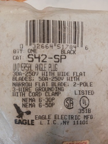 Eagle S42 Universal Angle Plug 30A-250V Wide Flat Blade / 50A-250V ...
