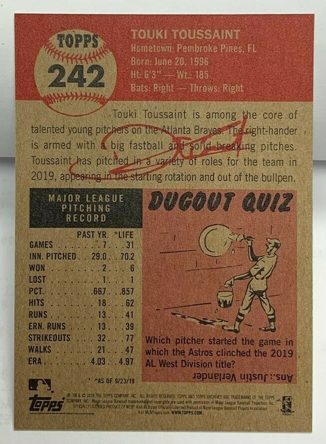 Touki Toussaint 2019 Topps Baseball Living Set RC #242 - ATLANTA BRAVES ...