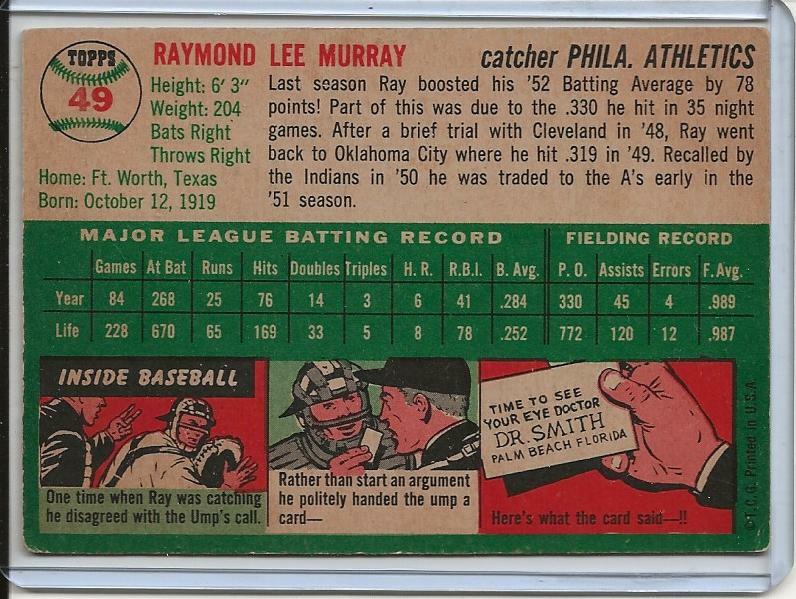 1954 Topps Baseball Card Ray Murray Catcher Philadelphia Phillies Ex ...