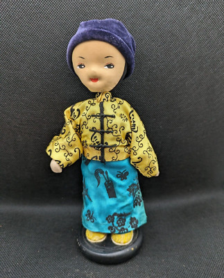 Vintage Chinese Peg Doll Yellow and Blue Outfit, Mounted on Wood Stand ...