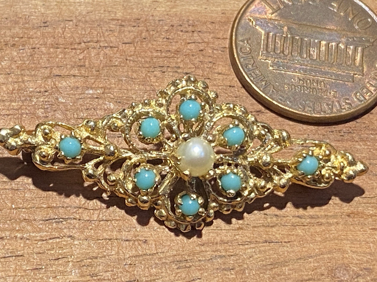 Vintage 14k Yellow Gold Turquoise & Pearl Pin Brooch Reticulated ...