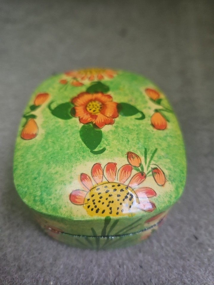 Vintage India Hand Painted Floral Lacquered Paper Mache Lidded Trinket ...