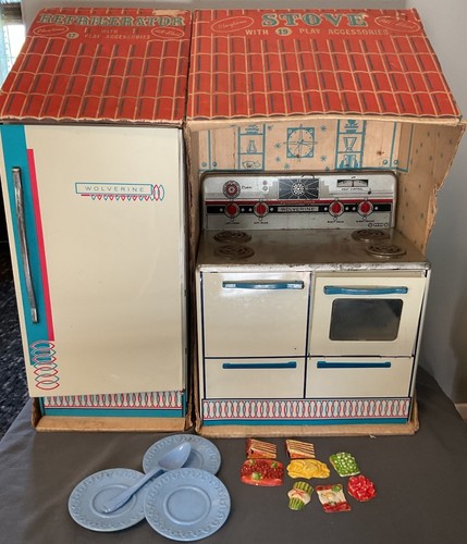Vintage 50s Wolverine Metal Toy Kitchen Stove & Refrigerator Blue ...