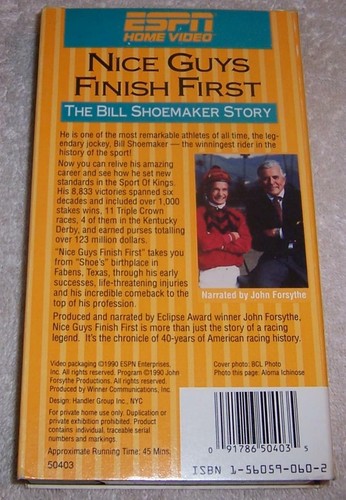 Nice Guys Finish First: The Bill Shoemaker Story VHS Video horse racing ...