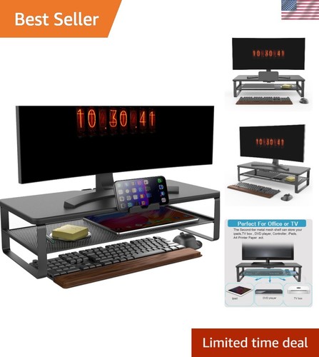 2-Tier Monitor Stand with Drawer, Phone Holder, Cable Management ...