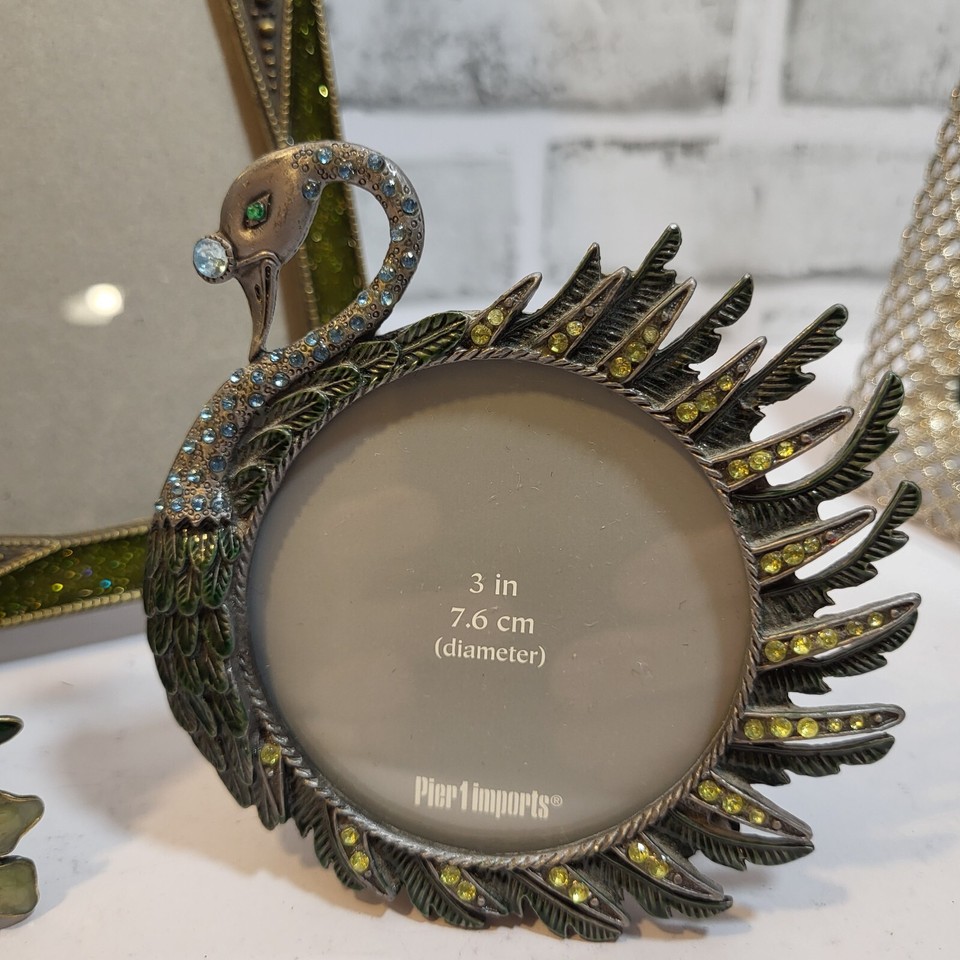 Lot Of 4 Metal and Jeweled Green and Silver Floral, Swan Picture Frames ...