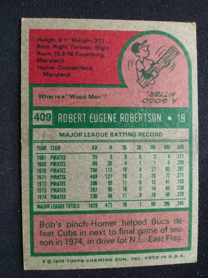 1975 Topps Baseball Card # 409 Bob Robertson - Pittsburgh Pirates | eBay