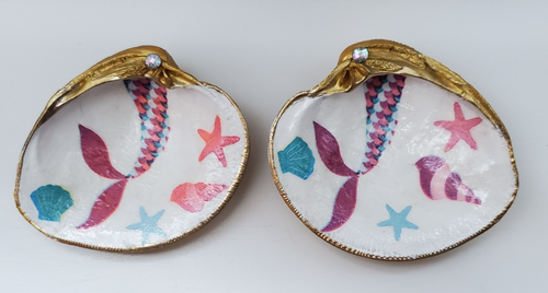 2-Shells Decoupage, Seashell Hand Painted Gold Trim Trinket Dish ...