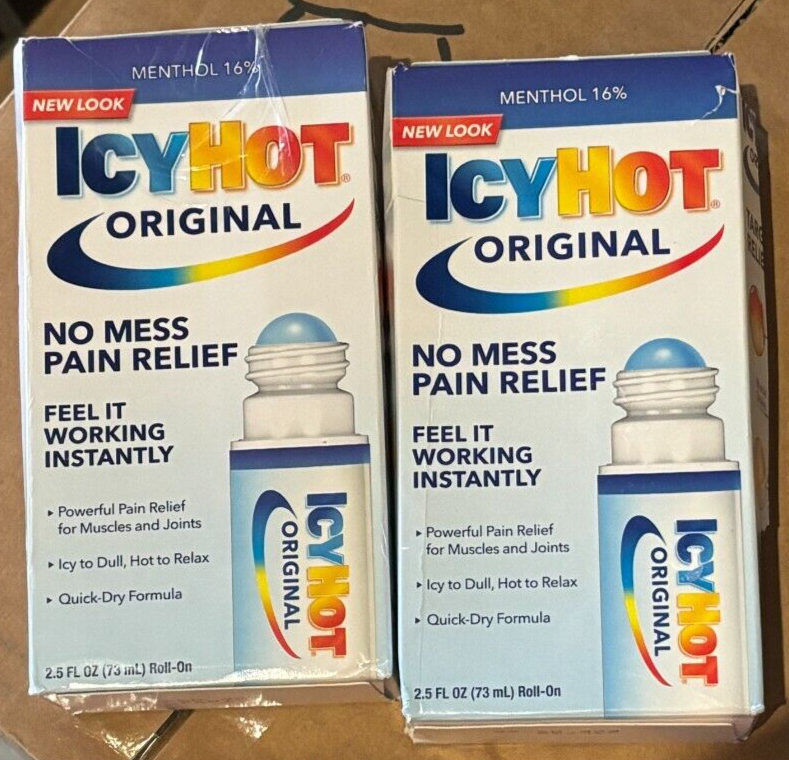 2 PACK Icy Hot Original Roll On No Mess Pain Relief, 2.5 FL OZ, EXP 05/ ...