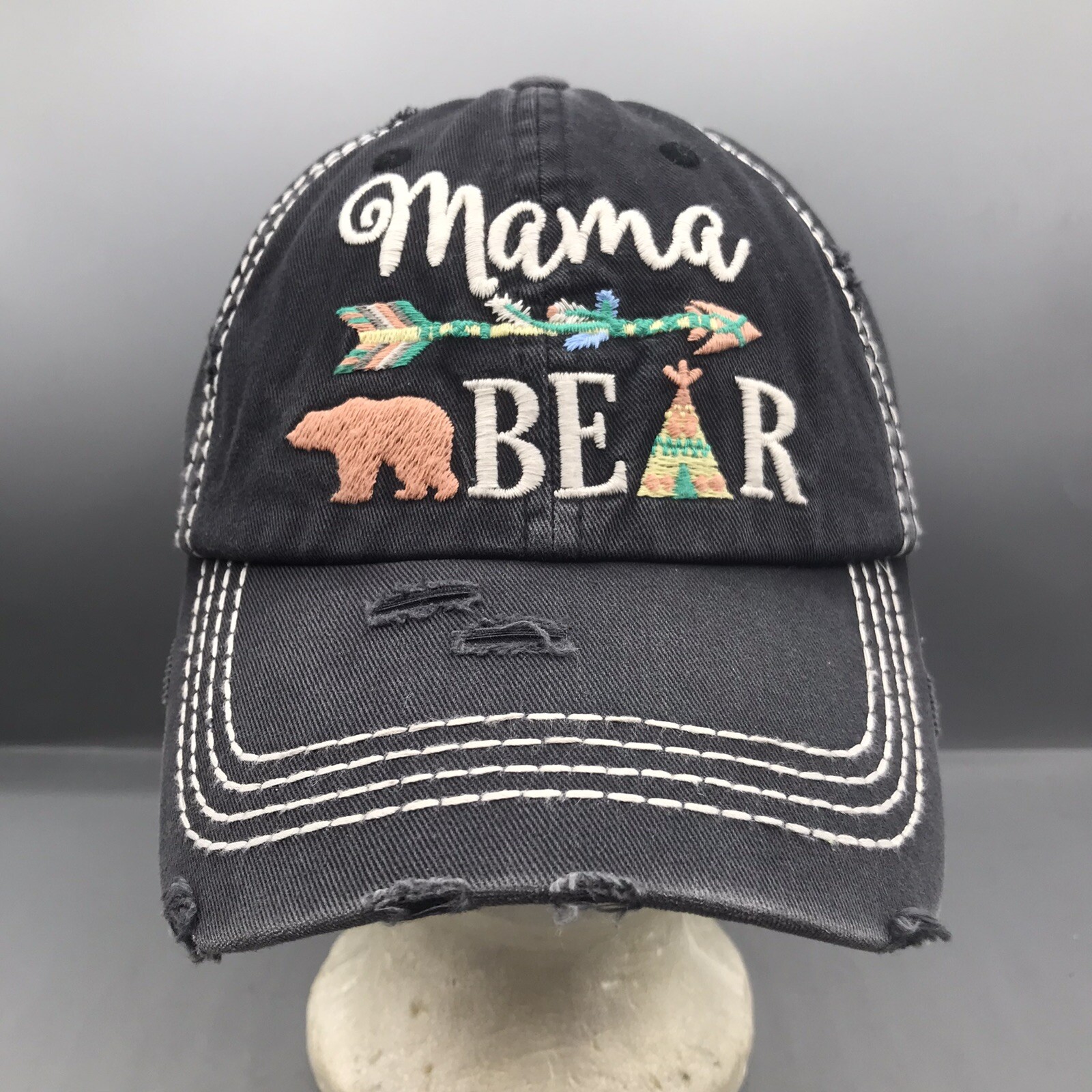 Mama Bear Embroidered Raised Stitch Distressed Hat Ca… - Gem