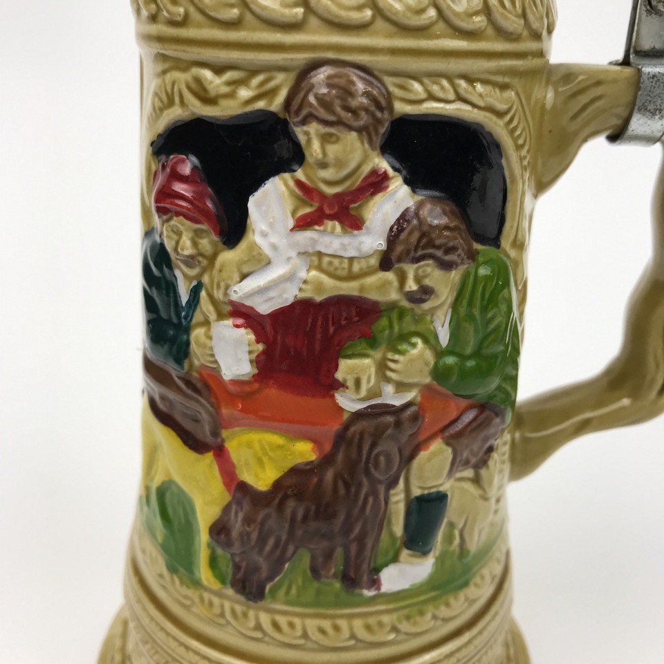 Lidded Beer Stein with Music Box Woman Serving Beer to Two Men with Dog ...