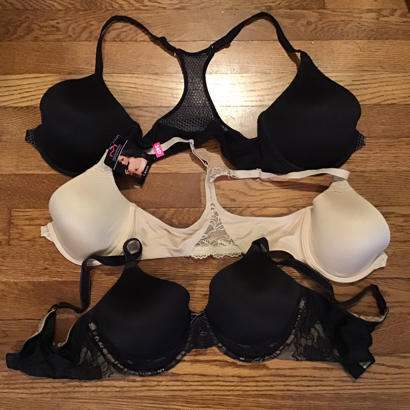 34D Bras | Lot Of 3 | Maidenform - Black, One New Nude T-Back, & Sexy ...