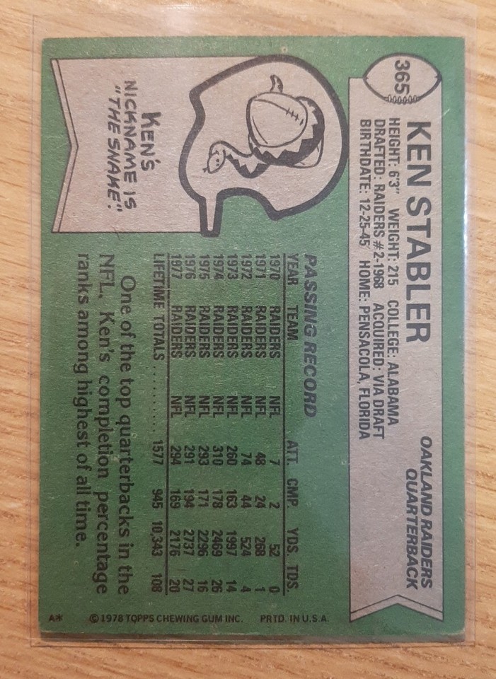 1978 TOPPS KEN STABLER #365 OAKLAND RAIDERS | eBay