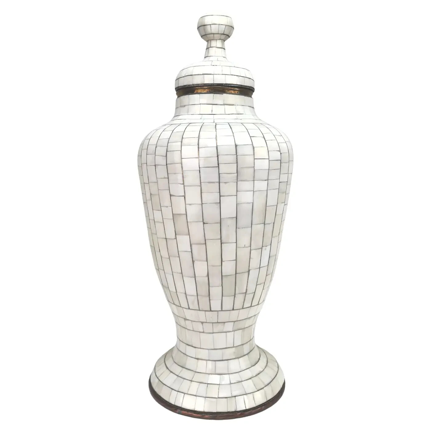 Mid-Century Off-White Mosaic Natural Bone with Brass Inlay Urn or Vase ...