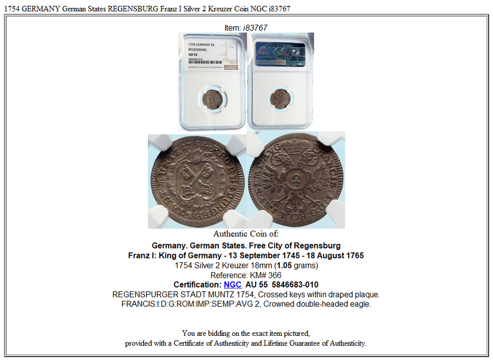 1754 GERMANY German States REGENSBURG Franz I Silver 2 Kreuzer Coin NGC ...