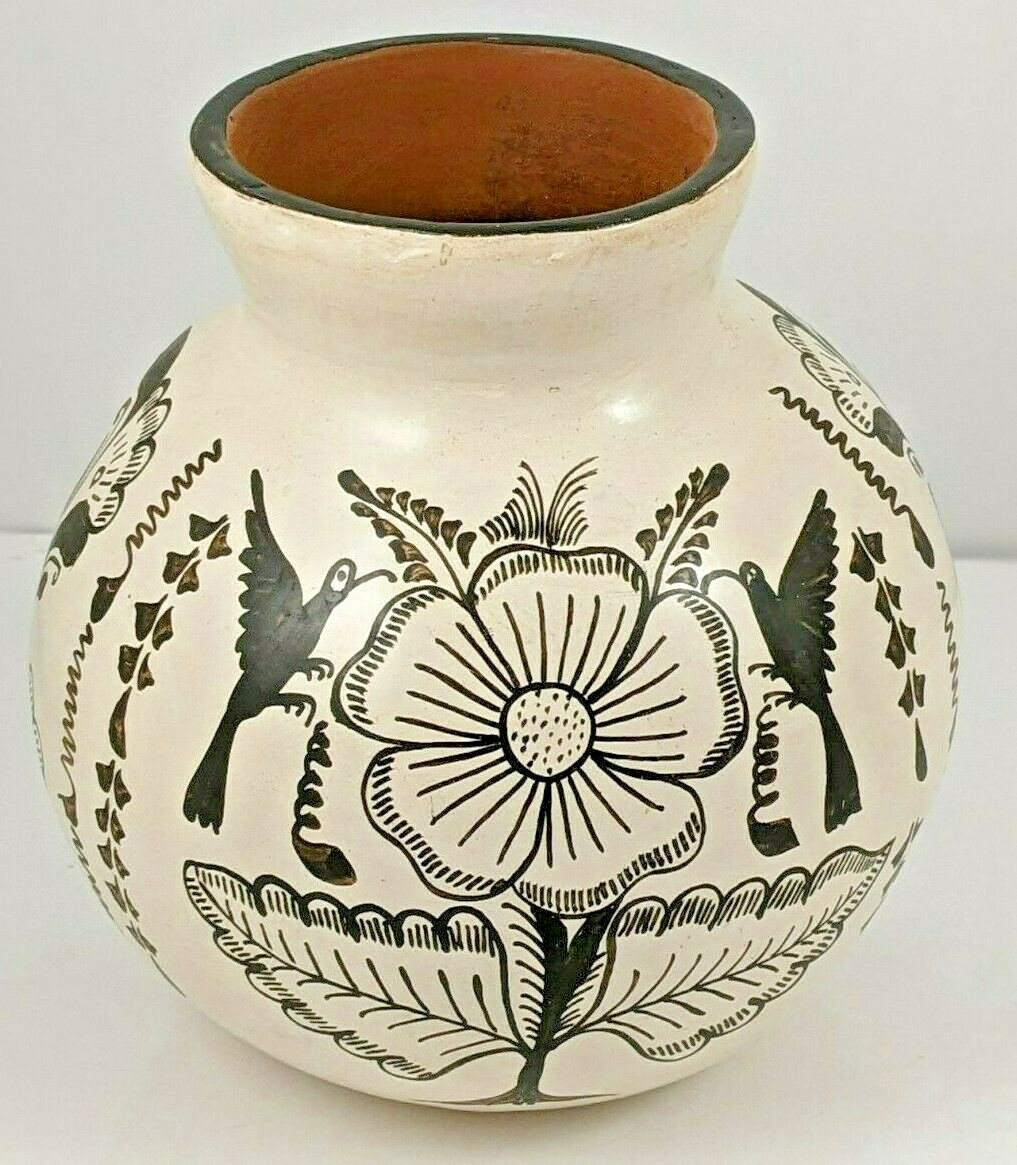 Hand Painted Southwest Art Pottery Red Clay Pot Flowers Birds | eBay