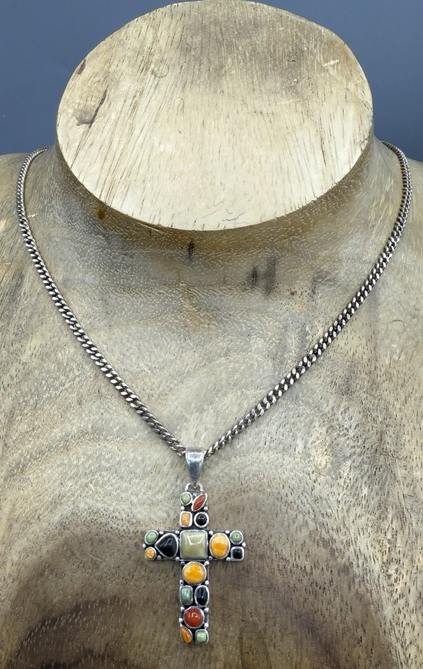 Annie Chapo NAVAJO Sterling Turquoise Gaspeite Coral Onyx Oyster CROSS ...