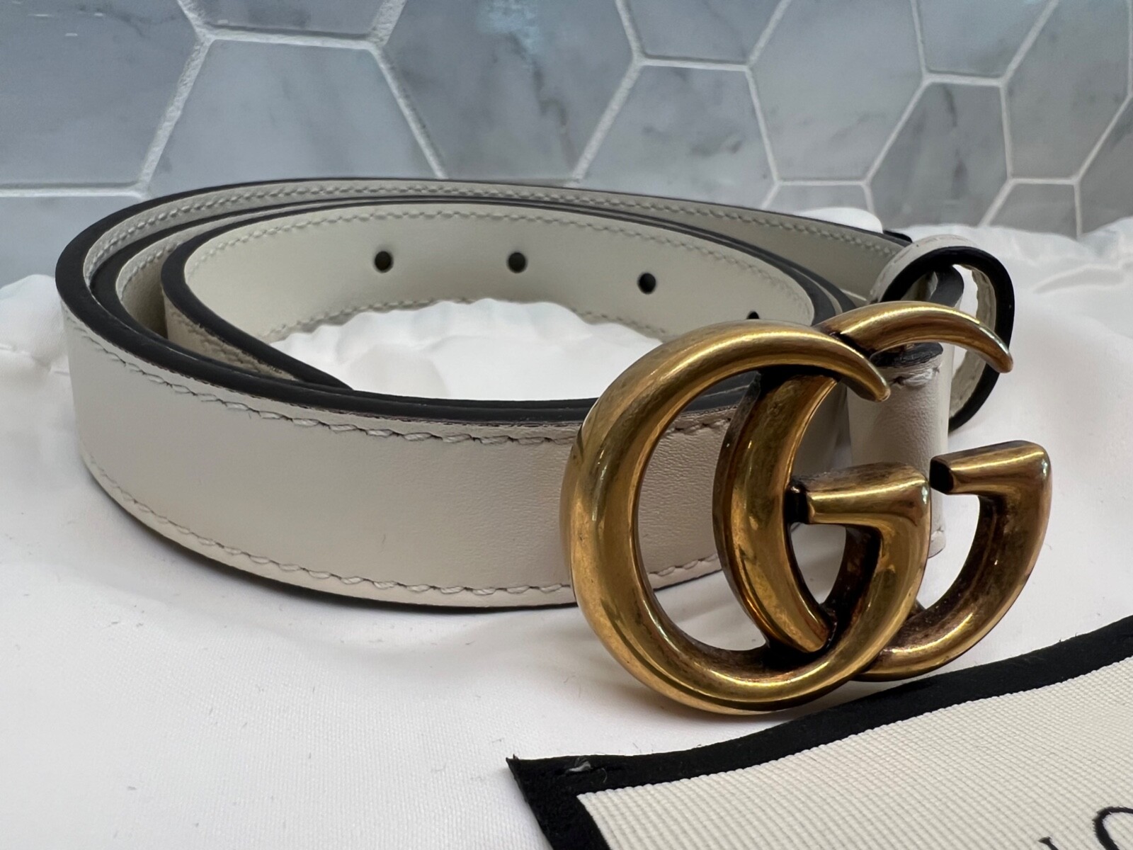 GUCCI WHITE LEATHER BELT 75 DOUBLE G GG BUCKLE MARMON… - Gem