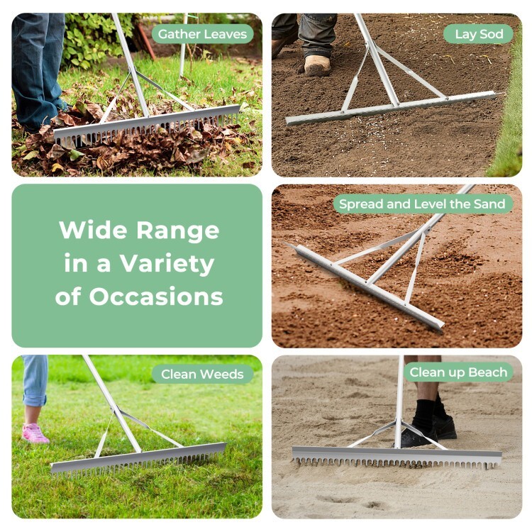 36" Landscape Rake Tool Aluminum Wide Rake Heavy Duty w/Double-Sided ...