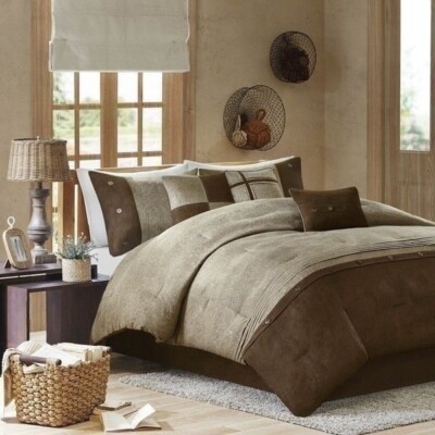 Queen Cal King Bed Brown Taupe Microsuede Earth Tones 7 pc Comforter ...