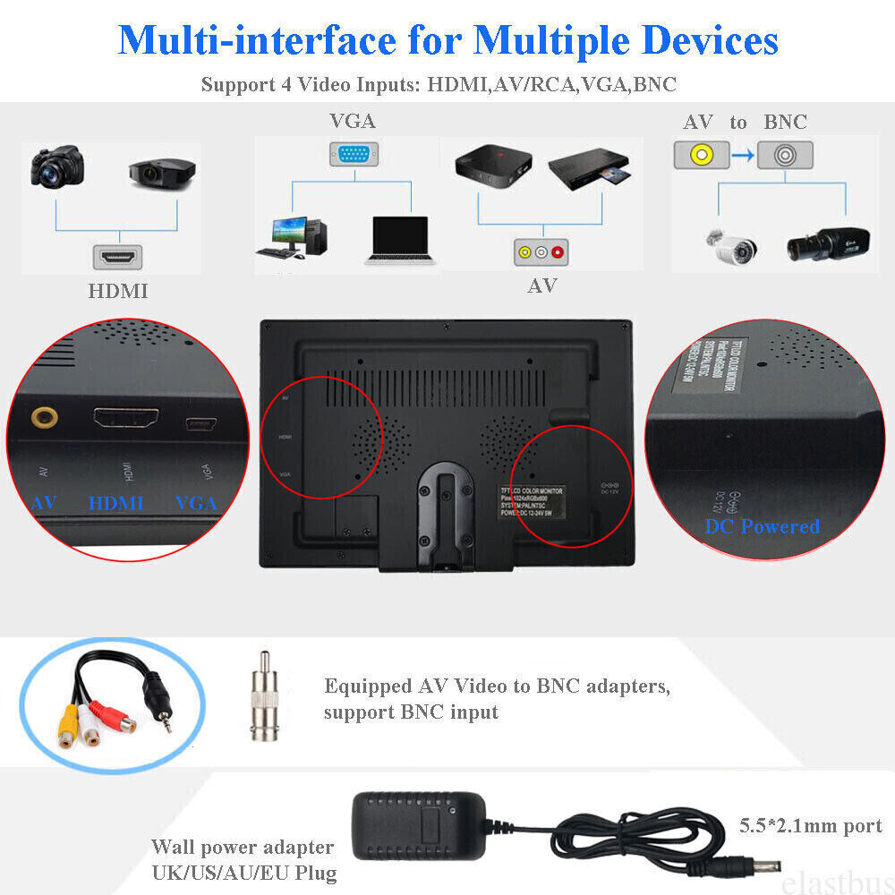 7" IPS CCTV Monitor Mini PC Screen HDMI AV/RCA VGA Input with Speaker ...