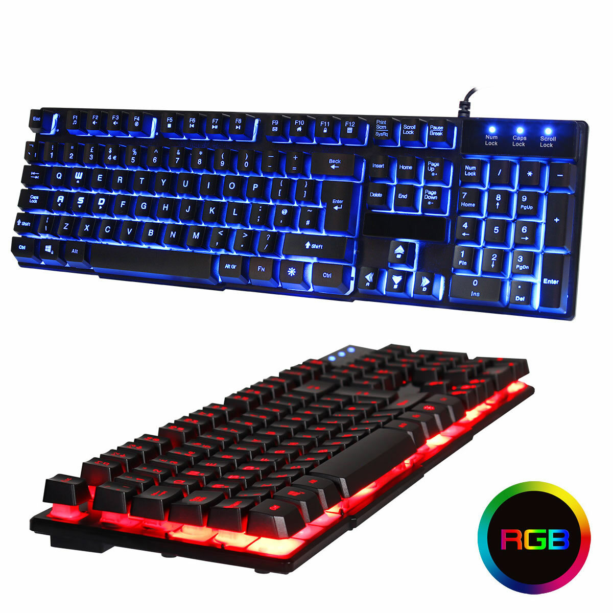 RGB LED Gaming Keyboard USB Wired 7 Color Illuminated Backlit Blue/Red ...
