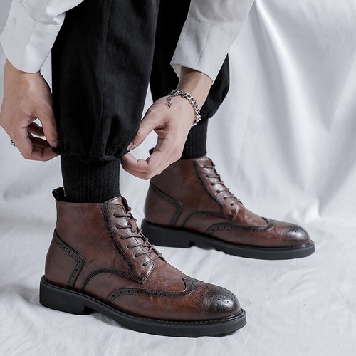 Men Real Leather Wingtip Carved Brogue Shoes Lace Up High Top Ankle ...