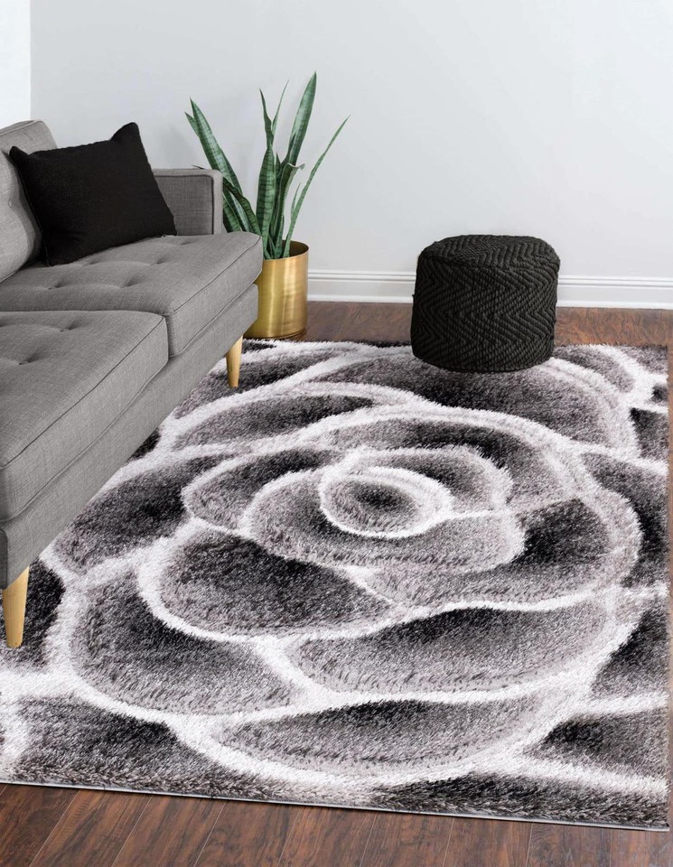 New Luxury Shaggy Rug Thick Soft Fluffy 3D Rose Pattern Bedroom Living ...