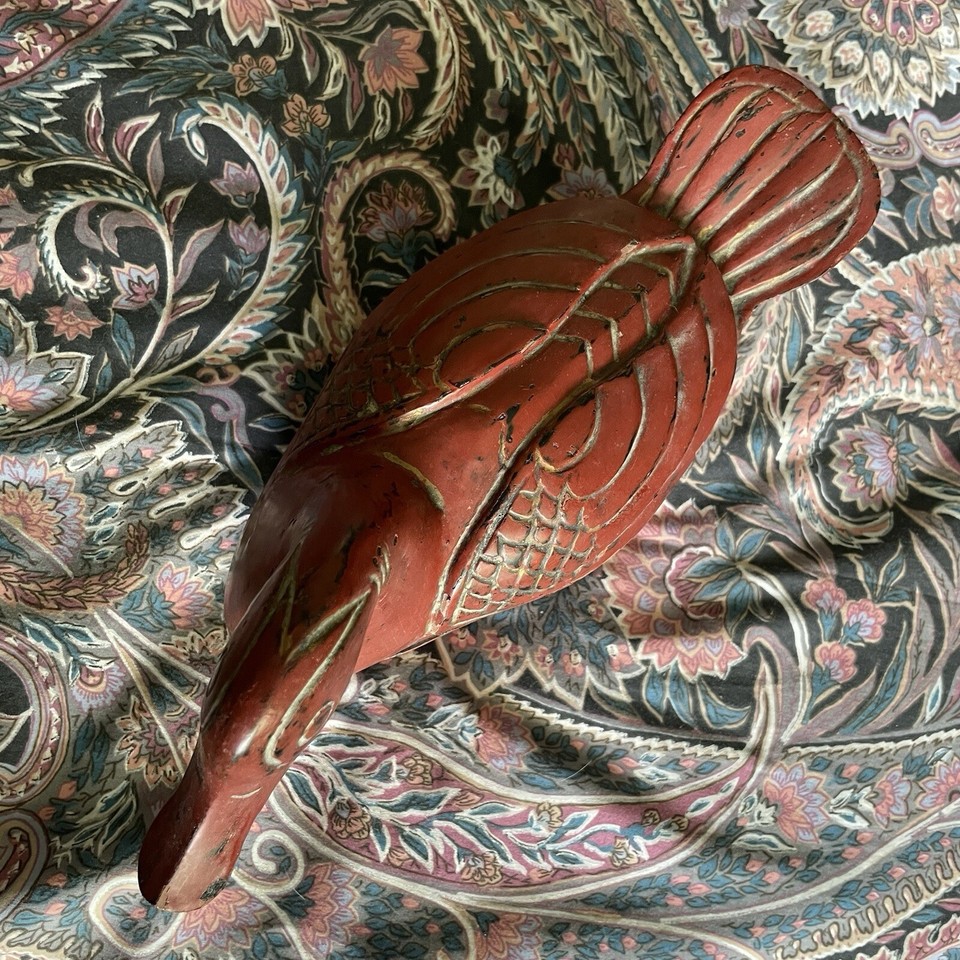 Vintage Chinese Lacquered Red Hand Carved Wooden Duck Trinket Box Folk ...