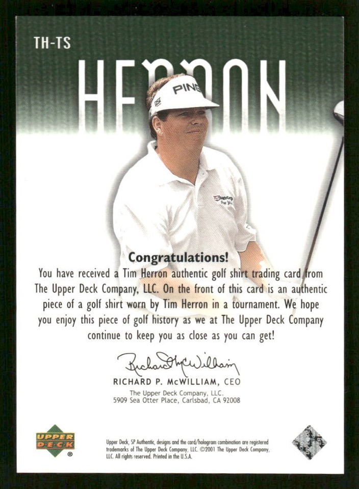 2001 SP Authentic Tim Herron Tour Swatch Green SN,MEM #TH-TS Card #/500 ...
