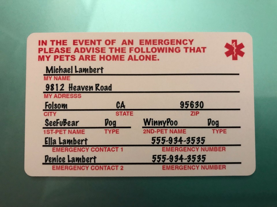 MY DOG IS HOME ALONE - EMERGENCY DOG CAT PET ID WALLET CARD FOR SERVICE ...