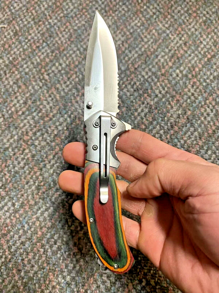 Spring Assist Pocket Knife Dark Wood Handle 8.25" Overall Tactical ...