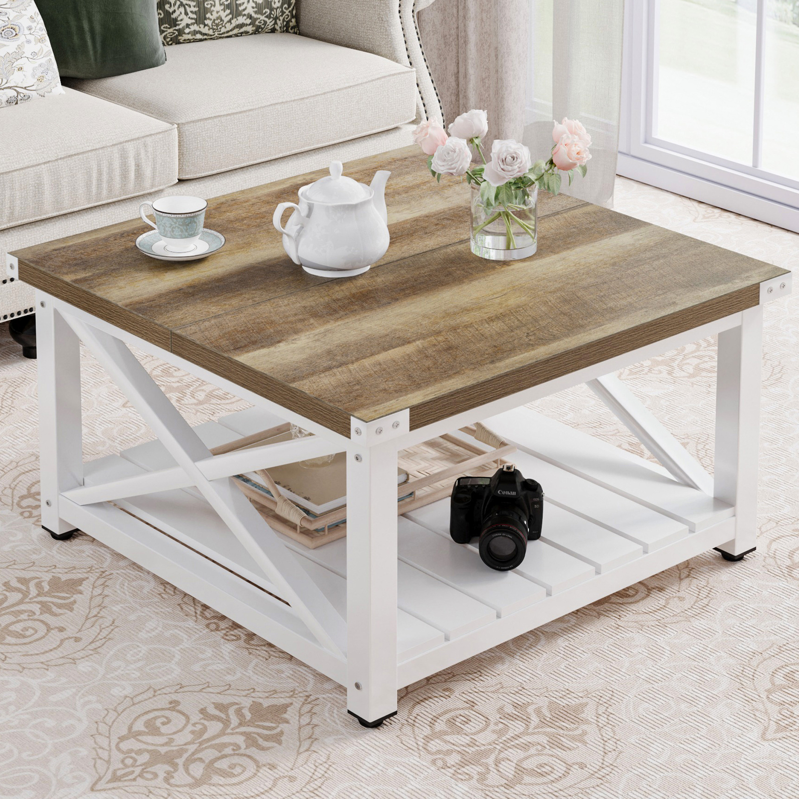 Modern Farmhouse Coffee Table Wood Square Center Table with Open ...