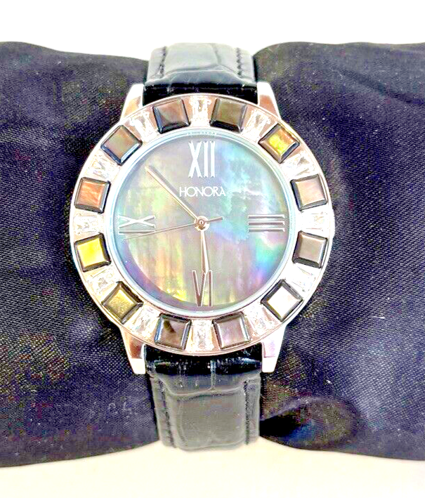 Honora Ladies Watch Mother of Pearl White Topaz Croc Embossed Leather ...